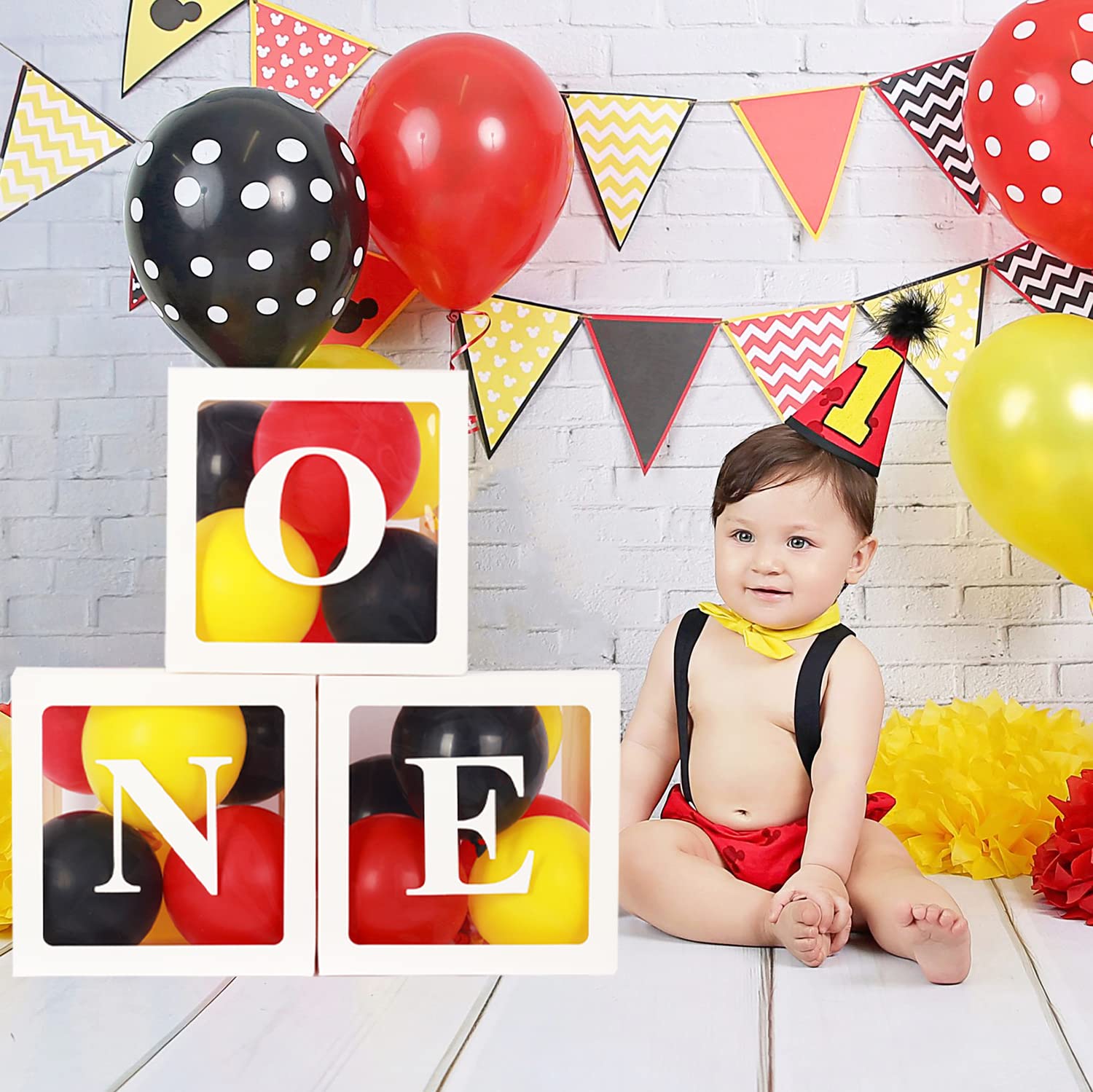 First Birthday Decorations for Boy Girls, ONE Balloon Boxes with Red Yellow and Black Balloons, ONE Blocks for Cartoon Mouse Race Car Theme Baby 1st Birthday Backdrop, Cake Smash Photo Props