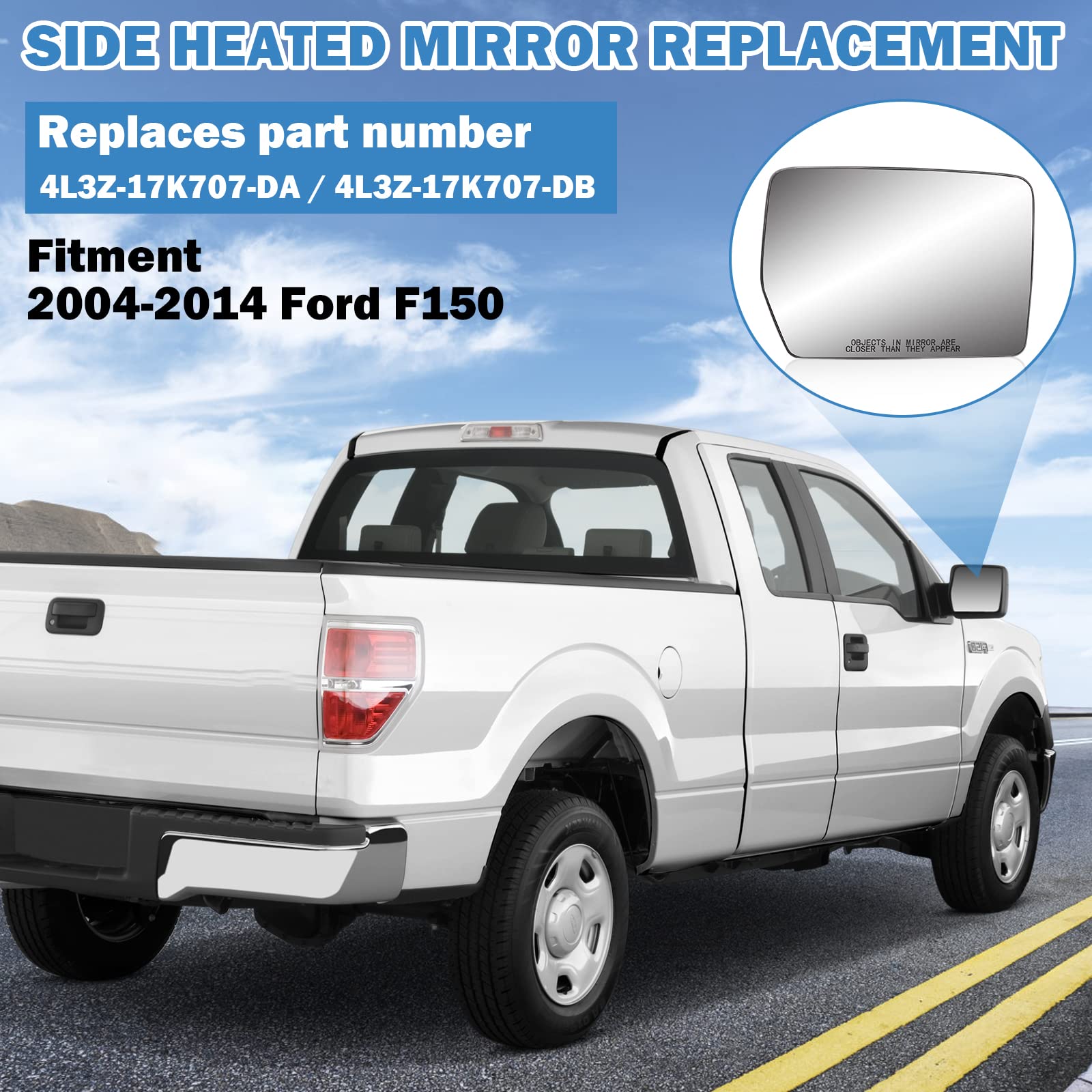 Passenger Right Side Heated Mirror Glass Compatible with 2004-2014 Ford F150 - Side Rearview Convex Mirror w/backing Holder - Replace 4L3Z-17K707-DA