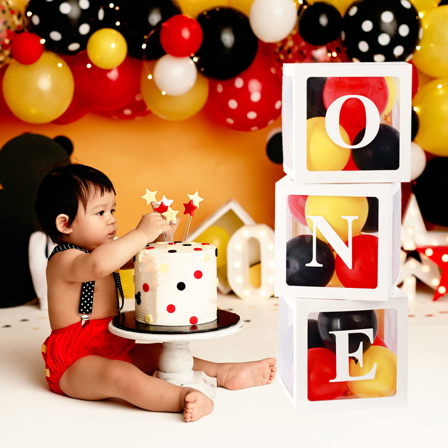 First Birthday Decorations for Boy Girls, ONE Balloon Boxes with Red Yellow and Black Balloons, ONE Blocks for Cartoon Mouse Race Car Theme Baby 1st Birthday Backdrop, Cake Smash Photo Props