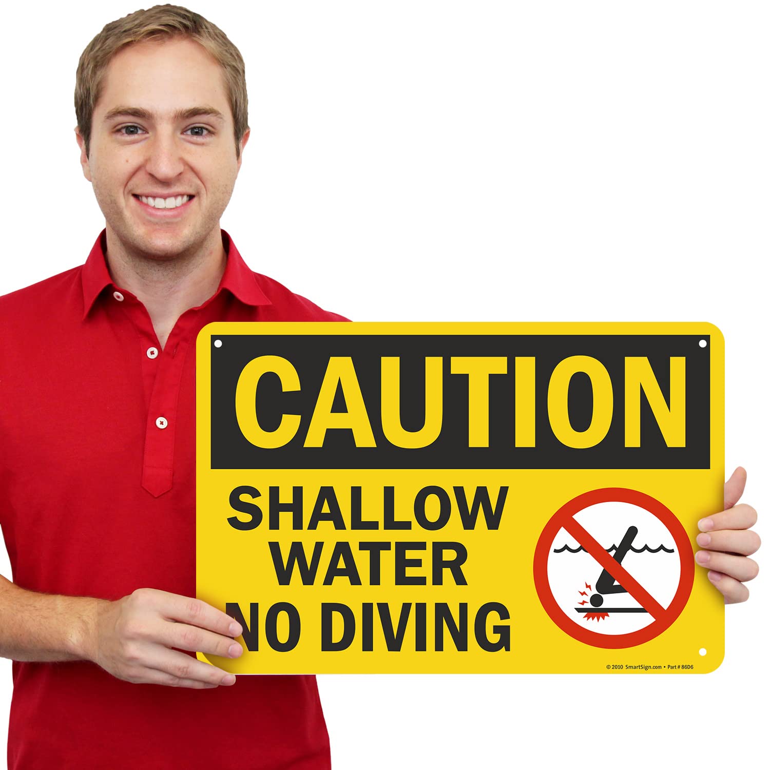 SmartSign 12 x 18 inch “Caution - Shallow Water, No Diving” Sign With Graphic, Digitally Printed, 55 mil HDPE Plastic, Multicolor, Made in USA