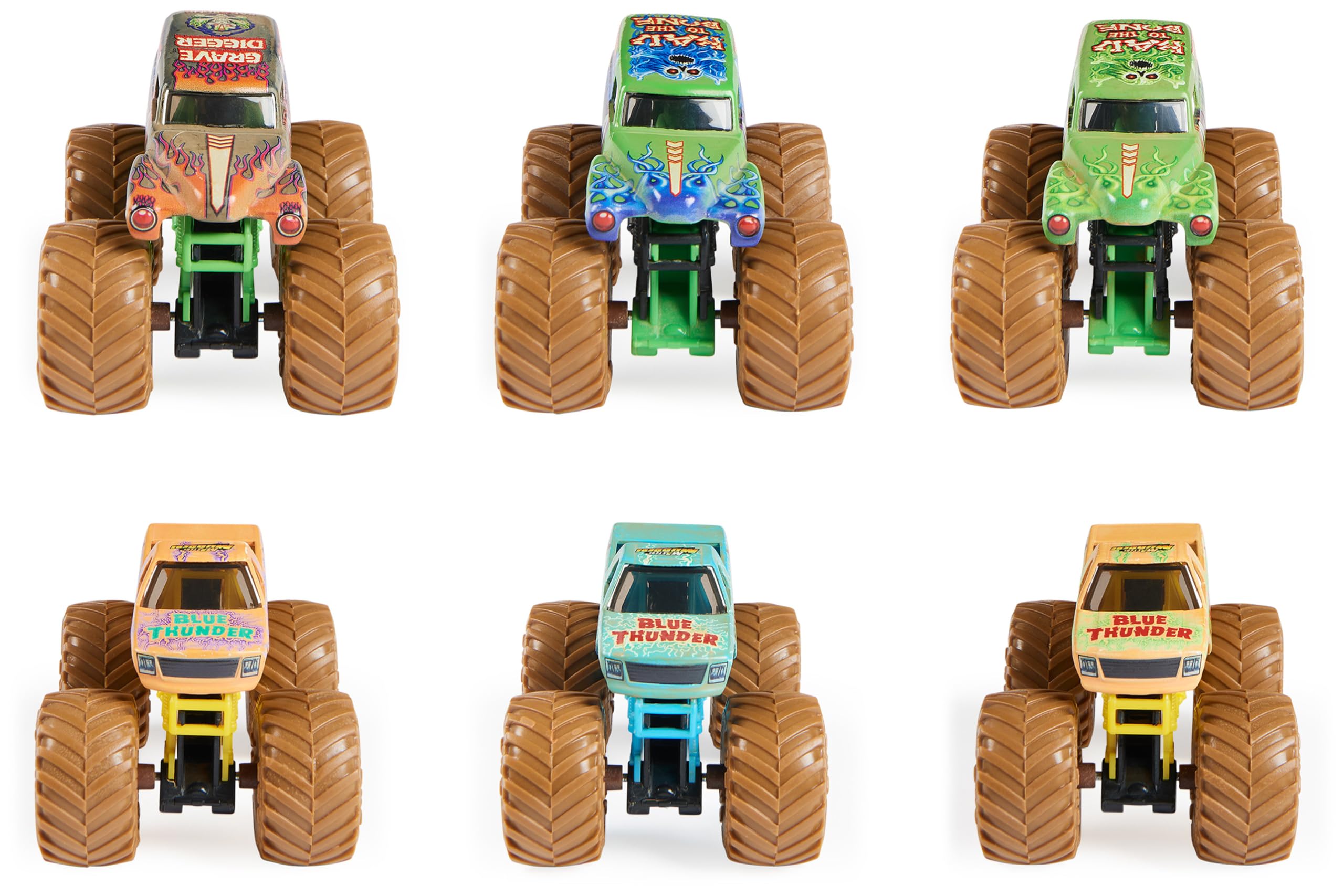 Monster Jam, Mystery Mudders 2-Pack Monster Trucks, Official 1:64 Grave Digger and Blue Thunder Die-Cast Vehicles, Wash to Reveal (Styles Will Vary)