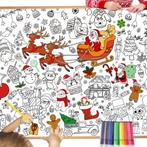 howaf giant christmas coloring poster with 24 paint pens, jumbo paper coloring banner or tablecloth for kids indoor arts and crafts activity, coloring table cover banner for christmas party supplies