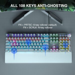 AULA F2088 Typewriter Style Mechanical Gaming Keyboard,Rainbow LED Backlit,Removable Wrist Rest,Media Control Knob,Retro Punk Round Keycaps,USB Wired Computer Keyboard,White