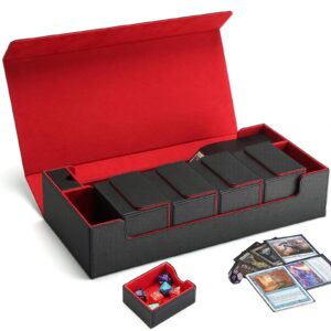 scimi mtg card storage box tcg deck case holds fits 5 decks card box or 800+ sleeved cards for mtg, yugioh, uno, tcg, trading cards sport cards with mat case and strong magnet closure (black & red)