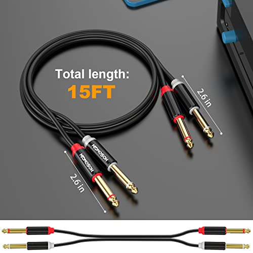 HOSONGIN Dual 1/4 inch TS to Dual 1/4 inch TS Stereo Interconnect Insert Cable, PVC Jacket Gold-Plated Plug Double Shielding Cable, 15 Feet