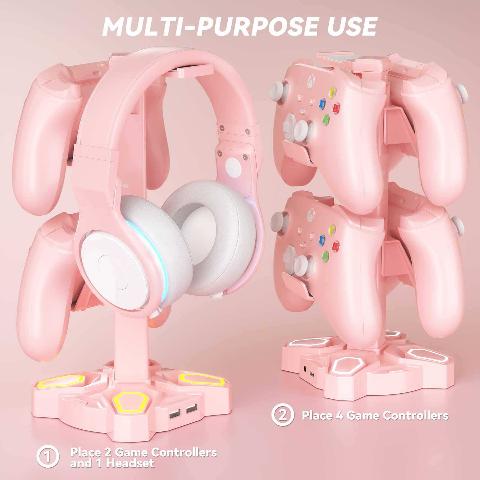 KDD Headphone Stand with Light Modes - Rotatable Pink Game Headset Holder with 3.5mm AUX & 2 USB Port - Suitable for PC Desk Accessories Gamers Gift(Pink)