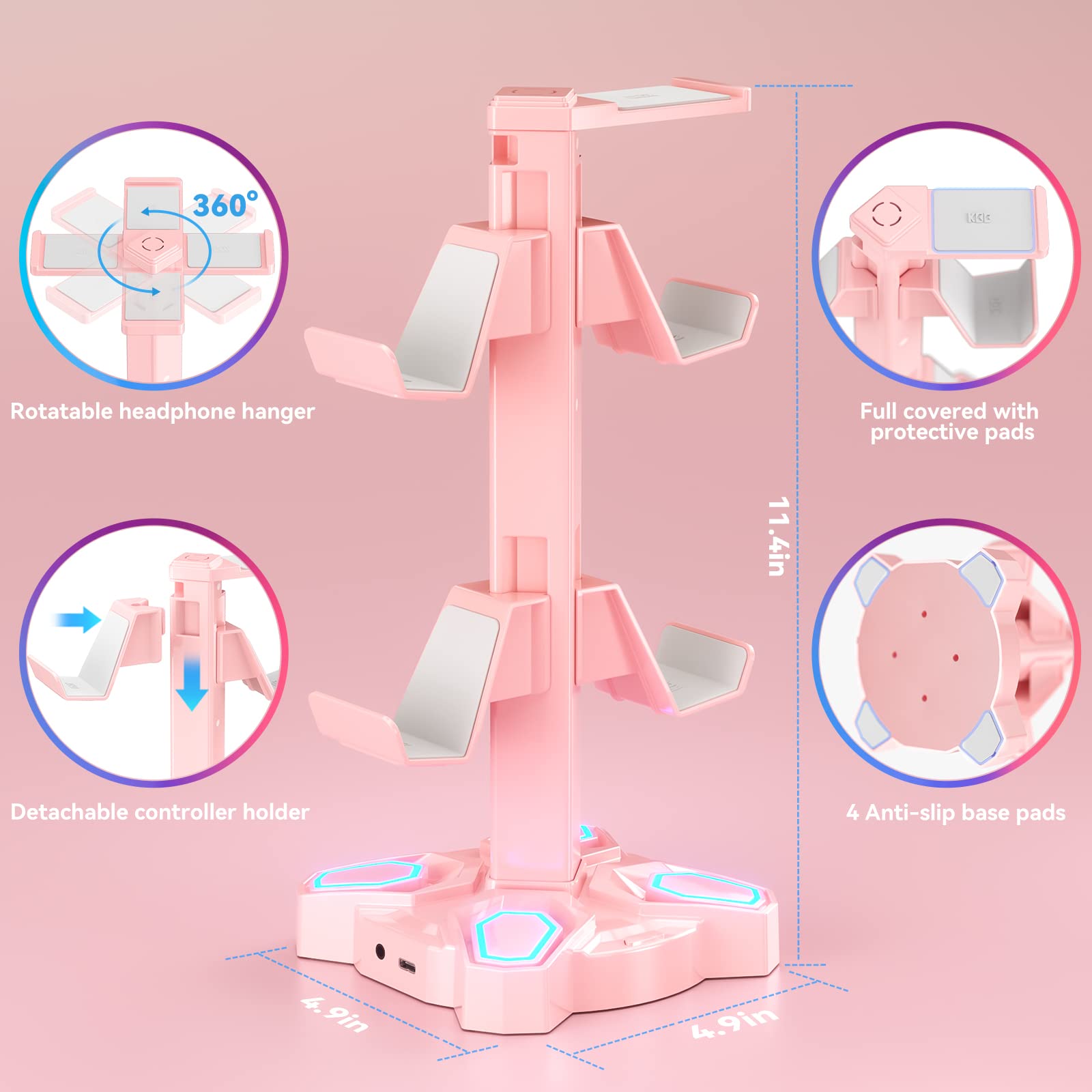 KDD Headphone Stand with Light Modes - Rotatable Pink Game Headset Holder with 3.5mm AUX & 2 USB Port - Suitable for PC Desk Accessories Gamers Gift(Pink)