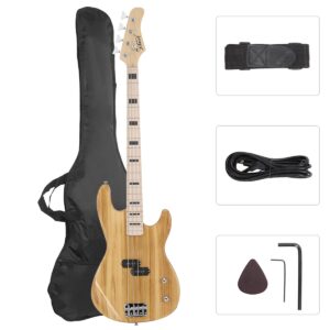 glarry gp series full size electric bass guitar 4 string beginner kit canadian maple fingerboard with cable, strap, bag and accessories (burly wood)