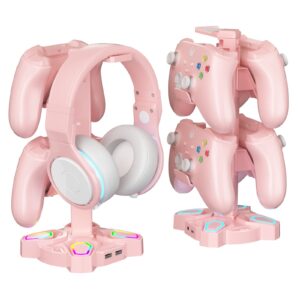 kdd headphone stand with light modes - rotatable pink game headset holder with 3.5mm aux & 2 usb port - suitable for pc desk accessories gamers gift(pink)