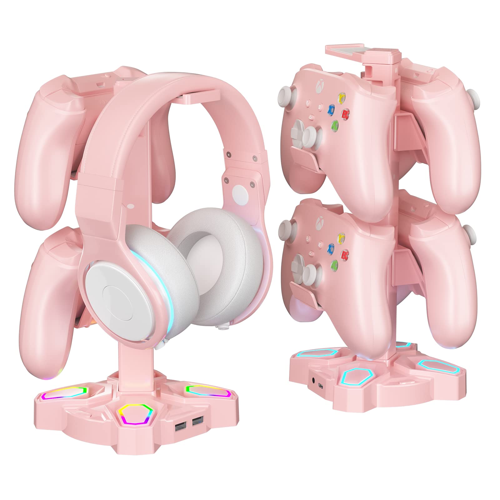 KDD Headphone Stand with Light Modes - Rotatable Pink Game Headset Holder with 3.5mm AUX & 2 USB Port - Suitable for PC Desk Accessories Gamers Gift(Pink)