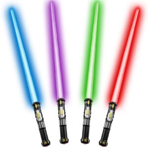 4 pack light up sword saber with fx sound (on-off control) and full retractable handle, 4 colors led glow in the dark toy for kids adult