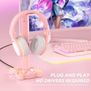 KDD Headphone Stand with Light Modes - Rotatable Pink Game Headset Holder with 3.5mm AUX & 2 USB Port - Suitable for PC Desk Accessories Gamers Gift(Pink)