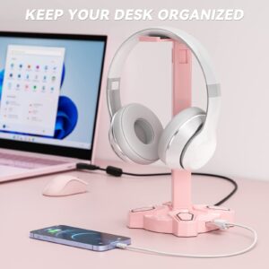 KDD Headphone Stand with Light Modes - Rotatable Pink Game Headset Holder with 3.5mm AUX & 2 USB Port - Suitable for PC Desk Accessories Gamers Gift(Pink)