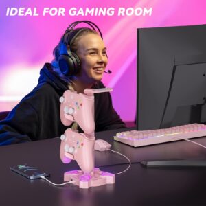 KDD Headphone Stand with Light Modes - Rotatable Pink Game Headset Holder with 3.5mm AUX & 2 USB Port - Suitable for PC Desk Accessories Gamers Gift(Pink)