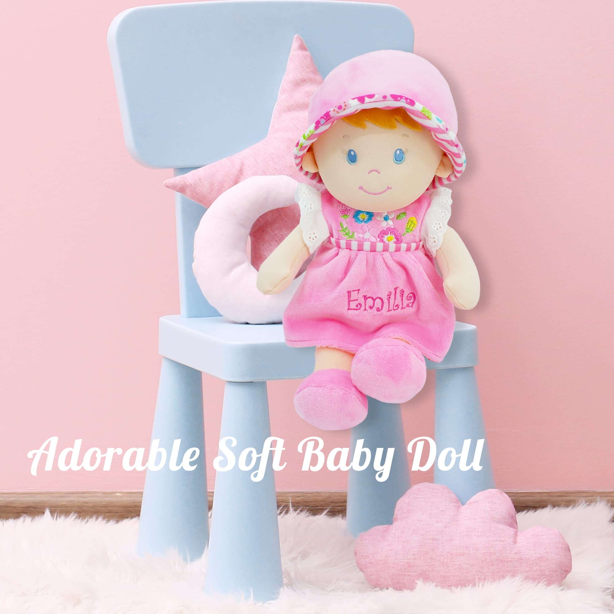 June Garden Personalized Soft Dolly Emilia - Stuffed Soft Baby Doll for Birth and Up with Custom Name - Pink Dress