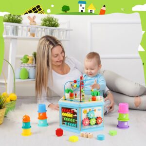 Vomocent Wooden Activity Cube for 1 Year Old Kids, Educational Learning Bead Maze for Toddler Age 1-3, Developmental Montessori Toys for 12-36 Months Boys Girls Gift