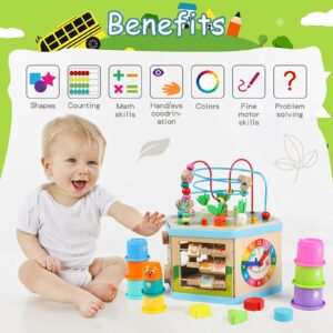 Vomocent Wooden Activity Cube for 1 Year Old Kids, Educational Learning Bead Maze for Toddler Age 1-3, Developmental Montessori Toys for 12-36 Months Boys Girls Gift