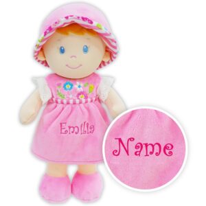 june garden personalized soft dolly emilia - stuffed soft baby doll for birth and up with custom name - pink dress