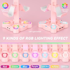 KDD Headphone Stand with Light Modes - Rotatable Pink Game Headset Holder with 3.5mm AUX & 2 USB Port - Suitable for PC Desk Accessories Gamers Gift(Pink)