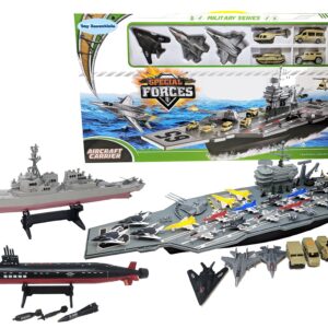 Toy Aircraft Carrier Submarine Destroyer Ship Combo with Military Vehicles and Fighter Jets