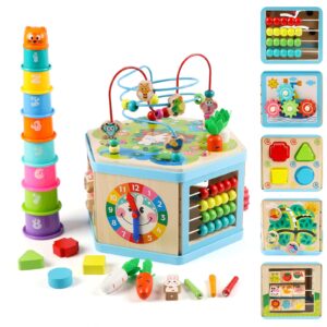 vomocent wooden activity cube for 1 year old kids, educational learning bead maze for toddler age 1-3, developmental montessori toys for 12-36 months boys girls gift