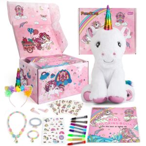 perryhome unicorn gifts for girls 26 pcs surprise box with unicorn plush, diy coloring book and markers, unicorn necklace & jewelry, unicorn themed toy birthday gift for 3-12 (white plush set)