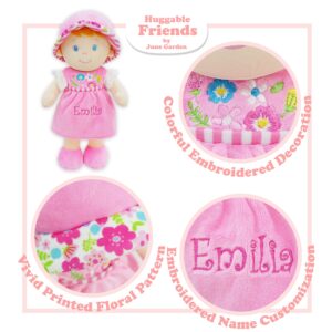 June Garden Personalized Soft Dolly Emilia - Stuffed Soft Baby Doll for Birth and Up with Custom Name - Pink Dress