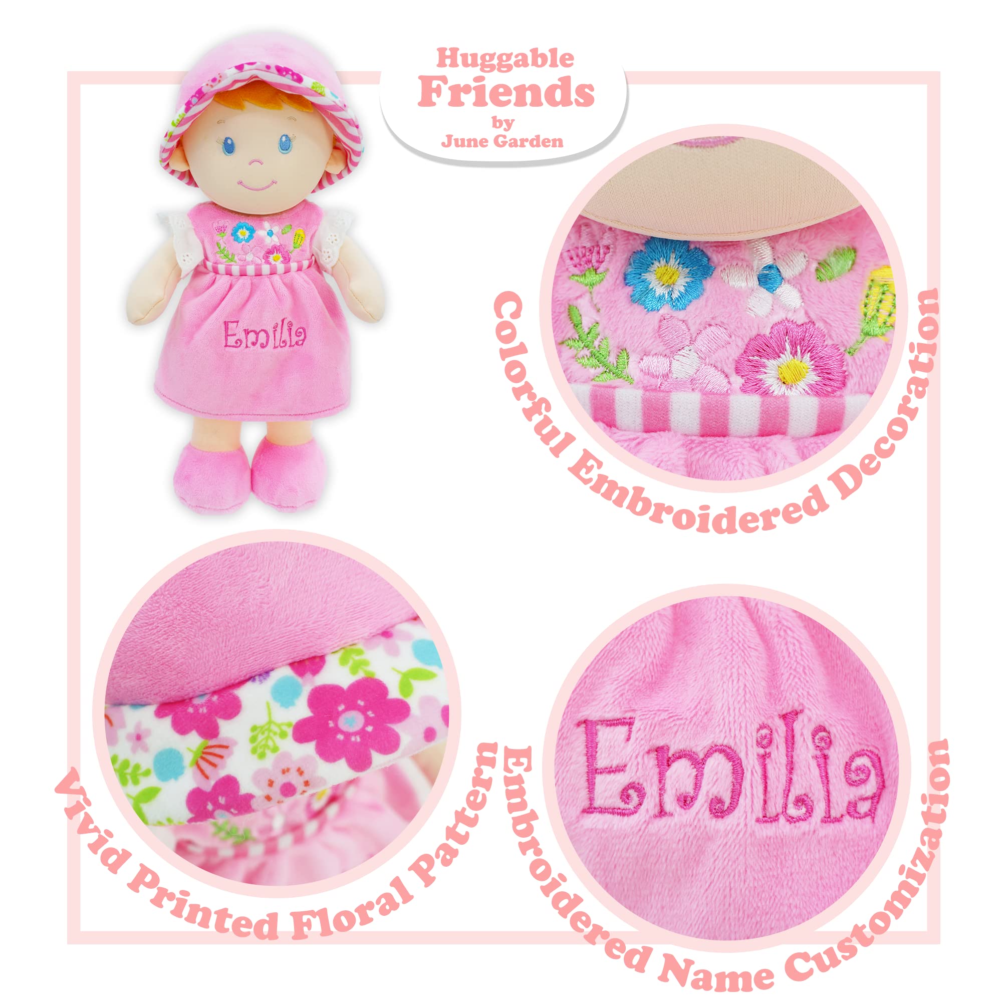 June Garden Personalized Soft Dolly Emilia - Stuffed Soft Baby Doll for Birth and Up with Custom Name - Pink Dress