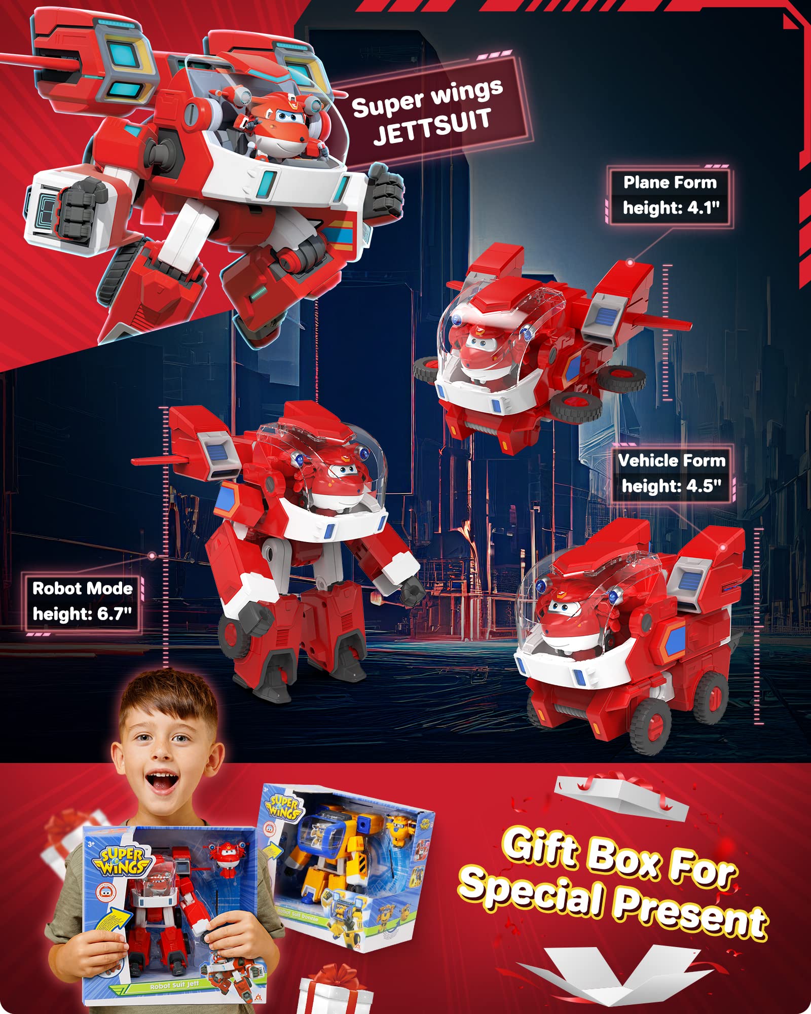 Super Wings Toys, 7 Inch Jett's Super Mecha Transforming Robot, Transforming from Toy Plane to Robot just 14 Steps, Action Figures Toy for Kids Ages 3 and Up, Gifts for Boys and Girls