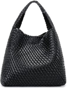 fashion woven purse for women top-handle shoulder bag soft summer hobo tote bag (black)