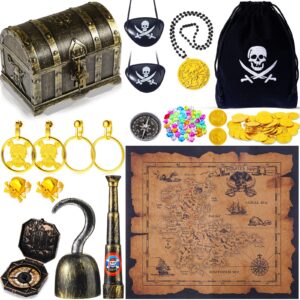 116 pieces pirate treasure toys, pirate treasure box with coins jewels gems and pirate map compass telescope for boy girl halloween cosplay props pirate theme party decoration favor (cute style)