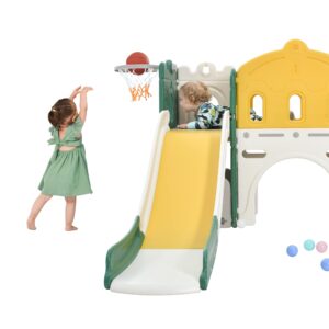 Veemuaro 6 in 1 Toddler Slide Set, Kids Slide for Toddlers, Kids Playing Climber Sliding Playset with Basketball Hoop, Tunnel and Storage Space, Toddler Playground Indoor Outdoor