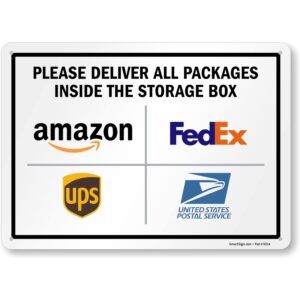 smartsign 10 x 14 inch “please deliver all packages inside the storage box” metal sign with delivery logos, 40 mil laminated rustproof aluminum, multicolor, made in usa