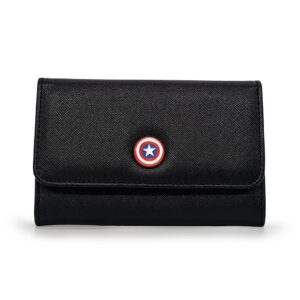 buckle-down marvel comics wallet, foldover, captain america shield metal emblem, black vegan leather