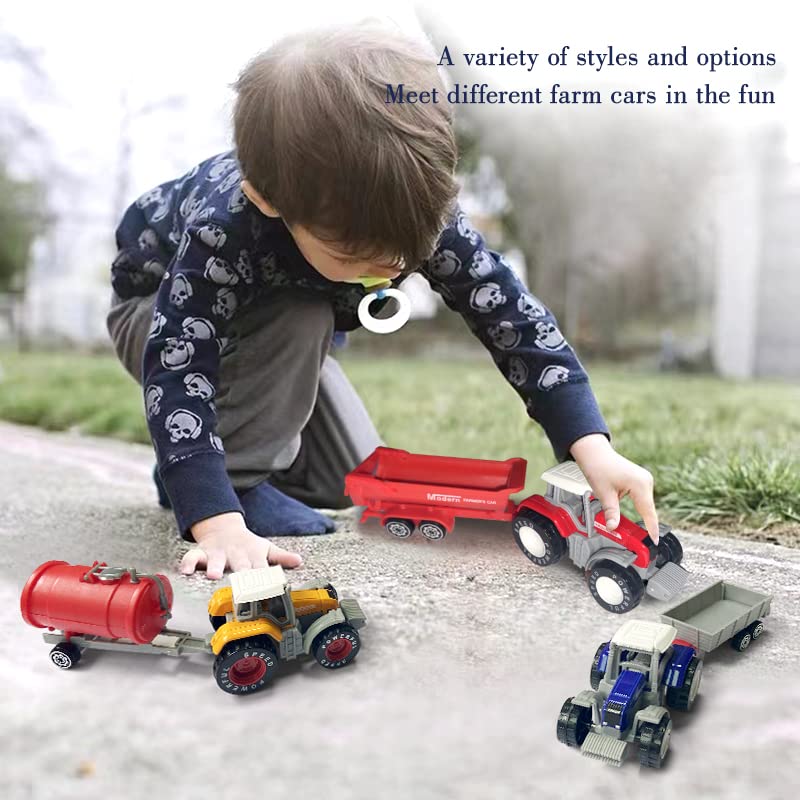 HOMSEEK Kid's Farm Tractor Toys with Trailers,Alloy and ABS Cake Decorating Car Truck Realistic Tractor Vehicle Value Play Set Toy,(Set of 4)