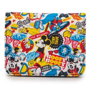 disney wallet, id fold over snap, disney the sensational six poses and icons collage, white, vegan leather