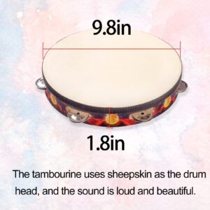 Tambourine, GECKO Hand Held Drum Bell Birch Metal Jingles Percussion Great Gift for Birthday, Christmas 10 inch