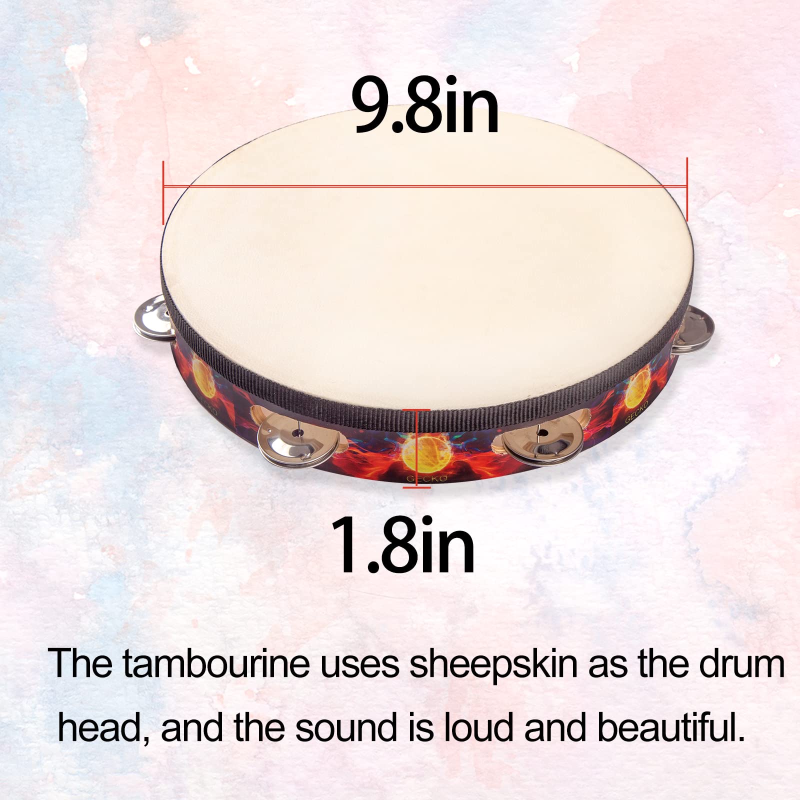 Tambourine, GECKO Hand Held Drum Bell Birch Metal Jingles Percussion Great Gift for Birthday, Christmas 10 inch