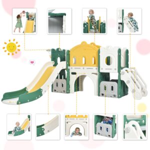 Veemuaro 6 in 1 Toddler Slide Set, Kids Slide for Toddlers, Kids Playing Climber Sliding Playset with Basketball Hoop, Tunnel and Storage Space, Toddler Playground Indoor Outdoor