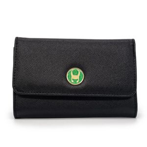 buckle-down marvel comics wallet, foldover, loki icon gold green metal emblem, black vegan leather