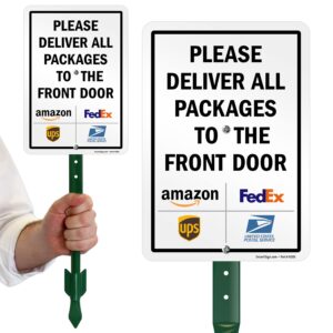 smartsign 10 x 7 inch “please deliver all packages to the front door” yard sign, 40 mil laminated rustproof aluminum, 21.5 inch tall sign & stake kit, multicolor, made in usa