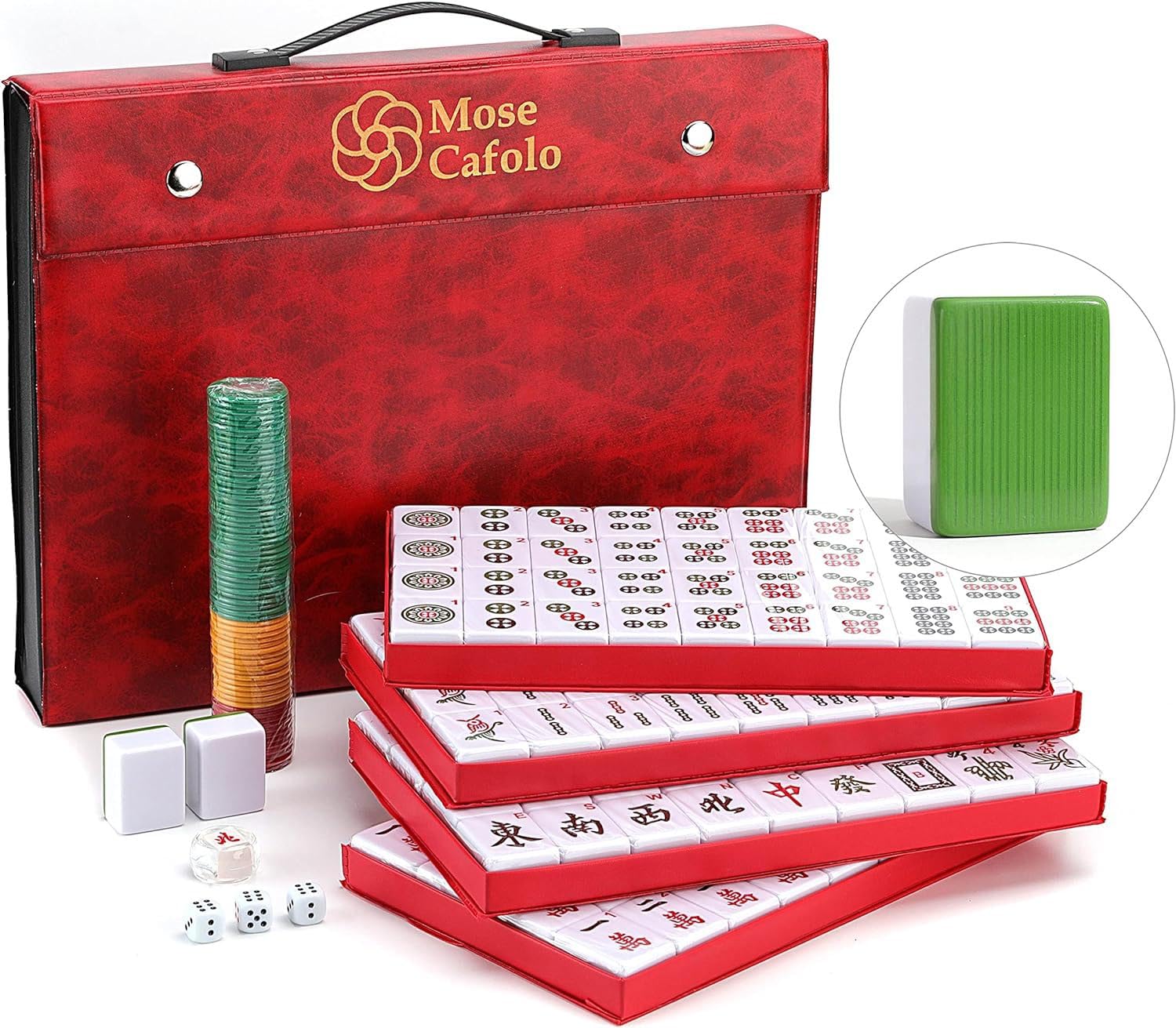 Mose Cafolo Professional Chinese Mahjong Game Set 146 Numbered Large Size Tiles with Carrying Travel Case, Complete Mahjong Tiles Set (Majiang, Mah-Jongg, Ma Jong)