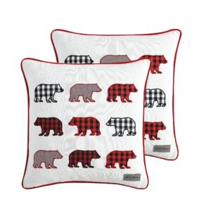 eddie bauer - appliqued throw pillow cover set, buffalo plaid home decor, decorative pillows for couch (cabin plaid bear red/black, 2 piece)