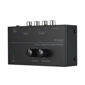 phono turntable preamp-mini audio stereo phonograph，separate dc 12v power adapter, rca input, rca output & low noise preamp,portable, independent knob control operation -depusheng pp500, black