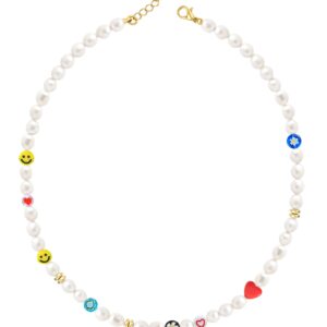 MIDDLUX Pearl Necklace, Unisex, Y2k Jewelry, Beaded Necklace, Smiley Face Necklace, Stainless Steel, 20" + 2" Extender