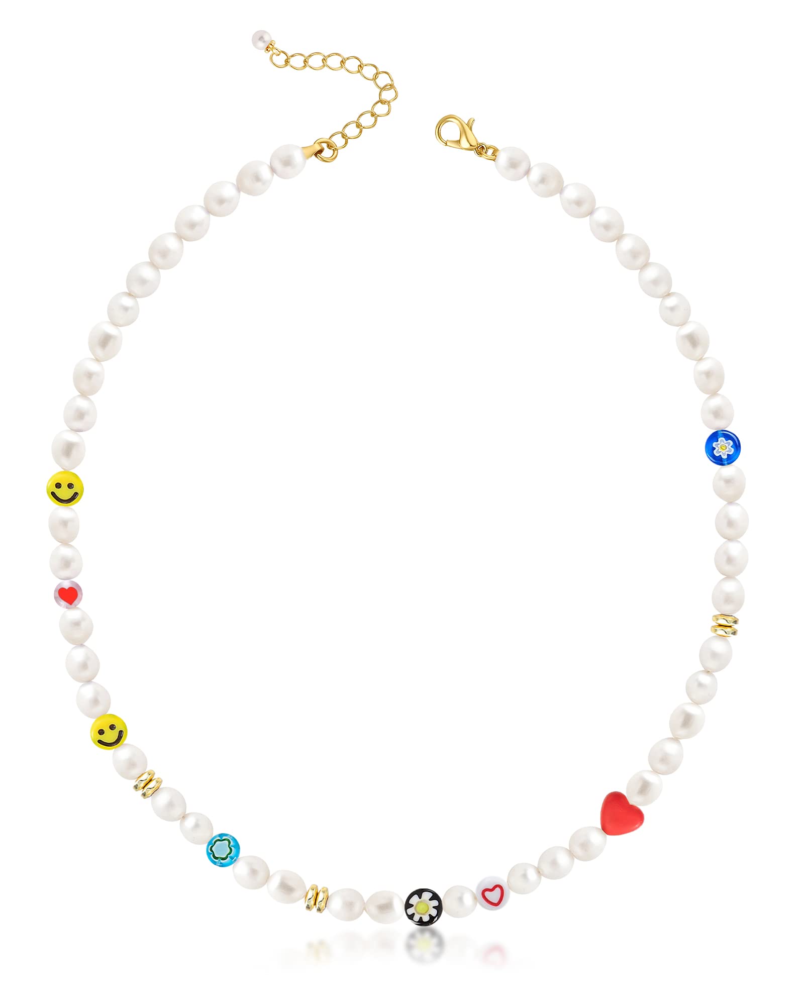 MIDDLUX Pearl Necklace, Unisex, Y2k Jewelry, Beaded Necklace, Smiley Face Necklace, Stainless Steel, 20" + 2" Extender