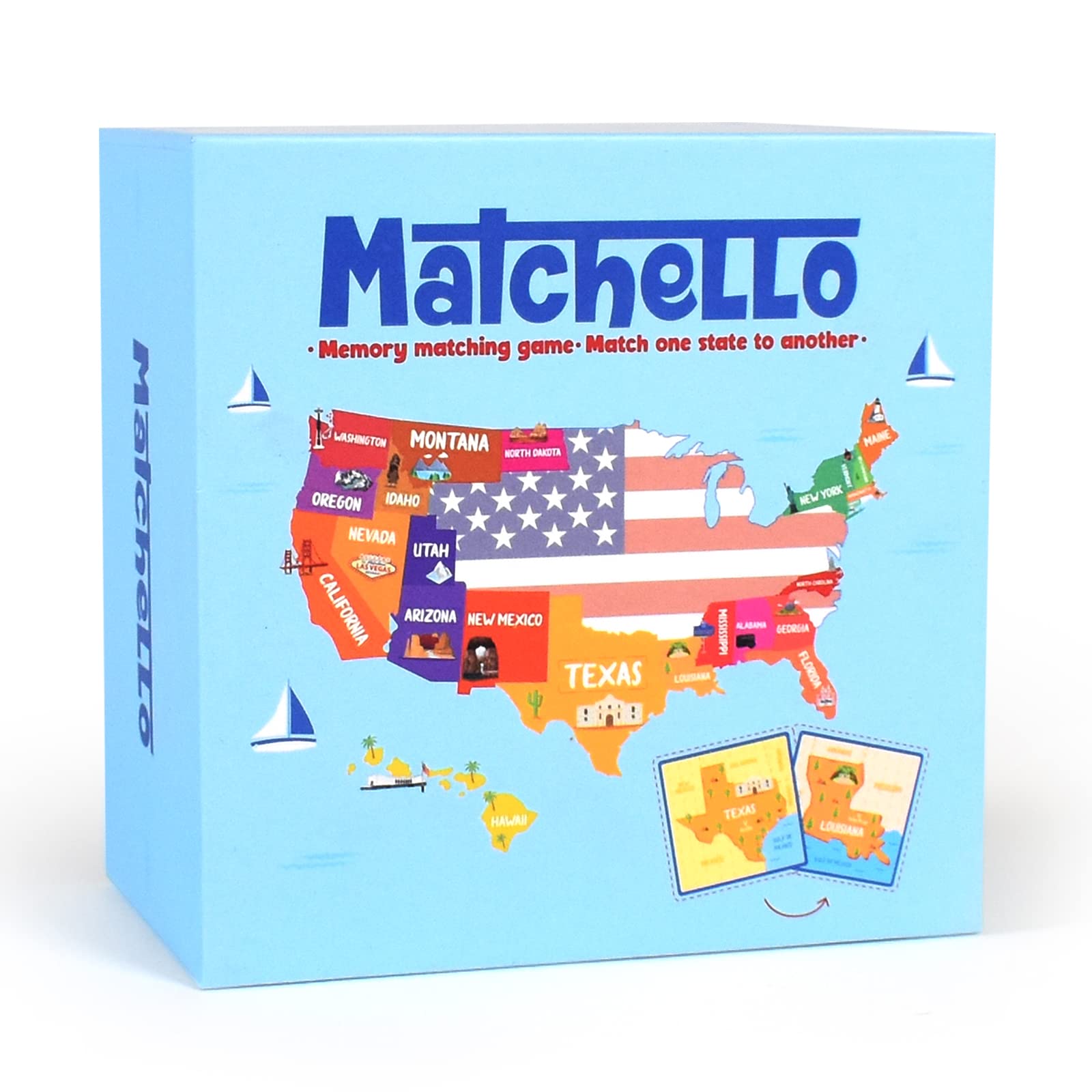 Matchello Memory Matching Game - Learn Geography for Kids – 50 States Matching Game – Educational and Fun State Cards for Kids and Grownups – Colorful Cards – Ages 7 and Up