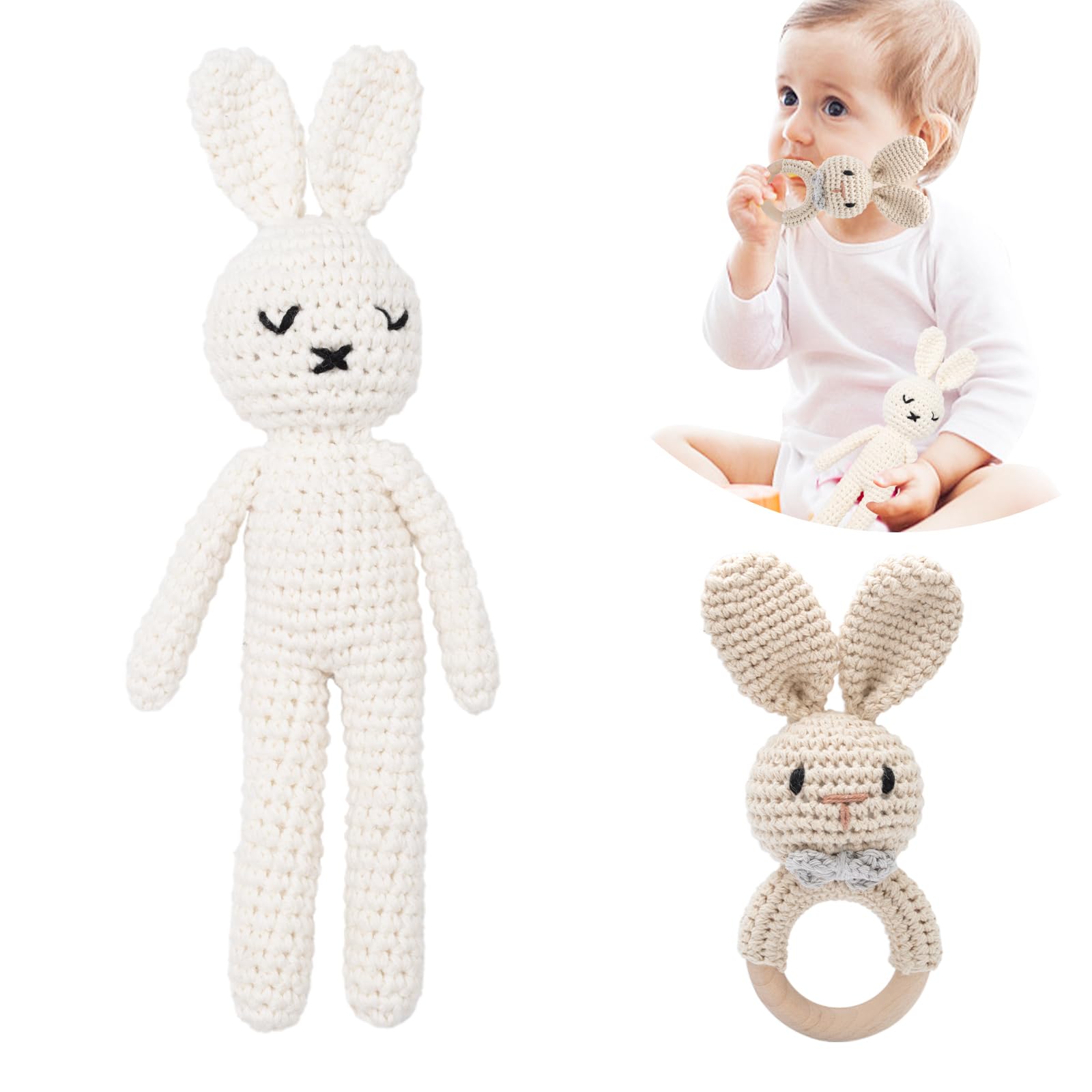 2PC Wooden Baby Bunny Rattle & Crochet Doll Plush Stuffed Rabbit Animals Toy for Newborn Baby | 100% Handmade Infant Soothe Toys for Sensory and Early Grips Development Thanksgiving Gifts