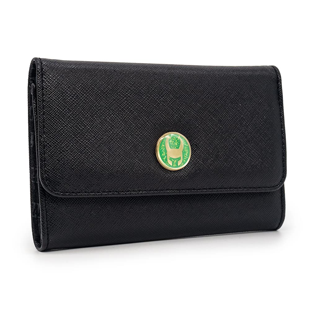 Buckle-Down Marvel Comics Wallet, Foldover, Loki Icon Gold Green Metal Emblem, Black Vegan Leather