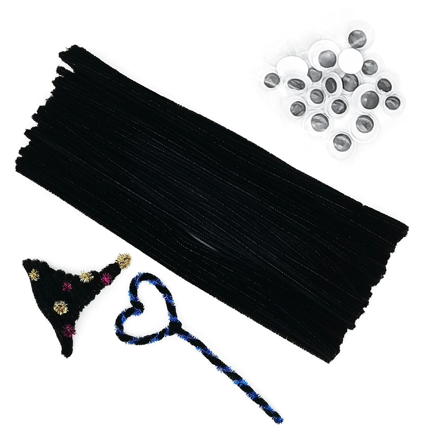 Cldamecy 100 pcs Black Pipe Cleaners with 20 pcs Googly Eyes,Chenille Stems for Craft Project,Craft Pipe Cleaners for DIY Projects,Arts and Holiday Decoration